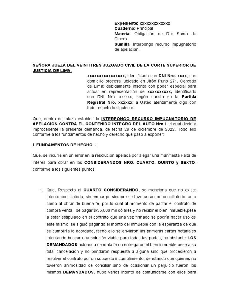 Modelo Apelacion | PDF | Ley procesal | Apelación