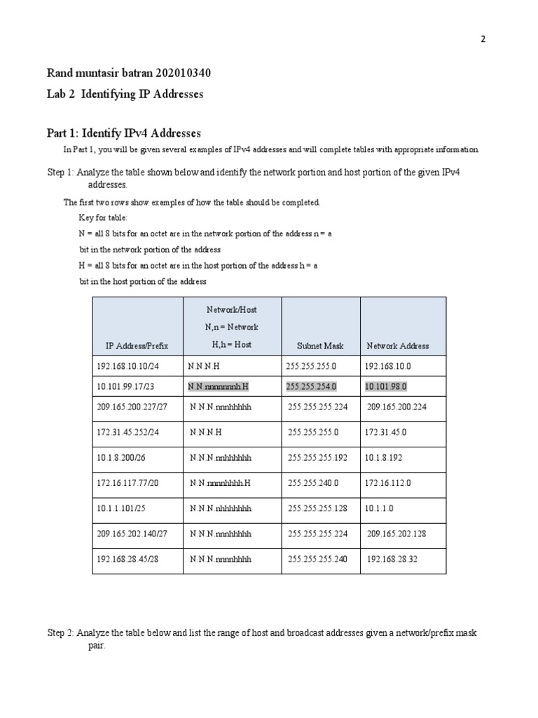Lab 2 Sol - Identifying IP Addresses | PDF | Ip Address | Computer Science