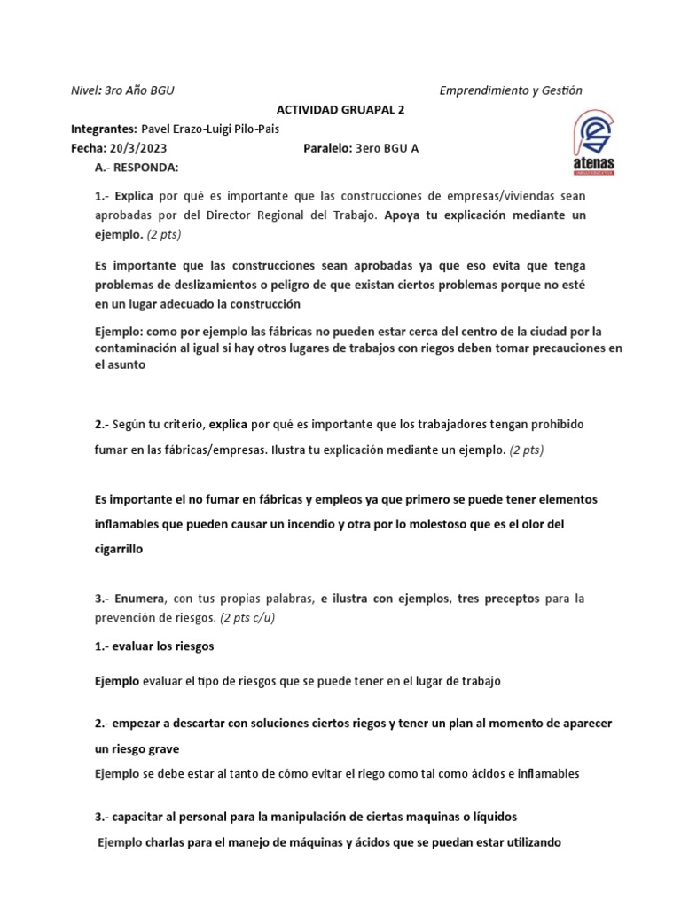 ACT. GRUPAL 2 3BGU Seguridad y Salud en El Emprendimiento | PDF