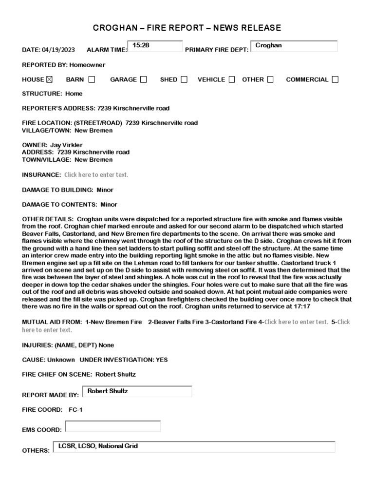 Croghan Structure Fire Report - April 2023 | PDF