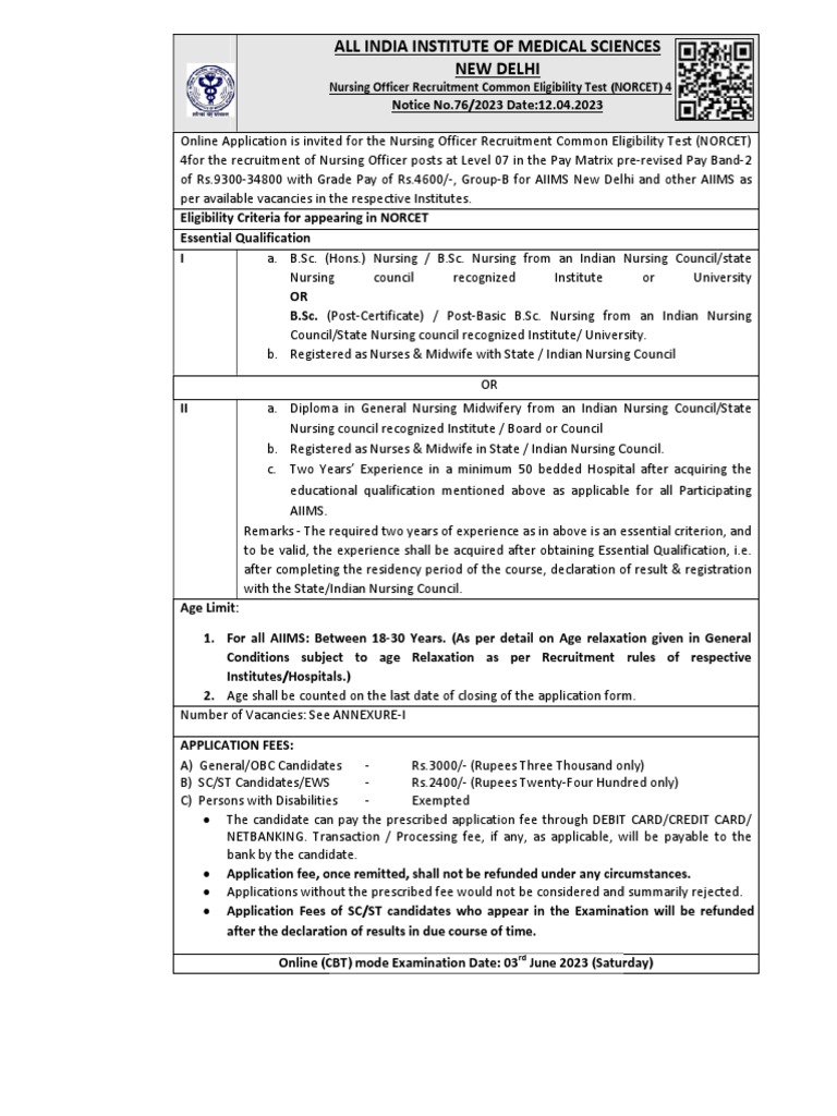 Aiims Norcet 04 Advertisement PDF 12.04.2023 | PDF | Nursing | Midwife
