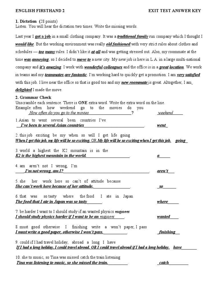 English Firsthand 2 Exit Test Answer Key 1. Dictation (28 Points) | PDF