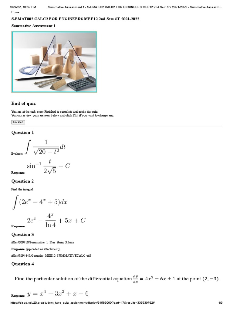 Summative Assessment 1 - S-Emat002 Calc2 For Engineers Mee12 2nd Sem Sy 2021-2022 - Summative ...
