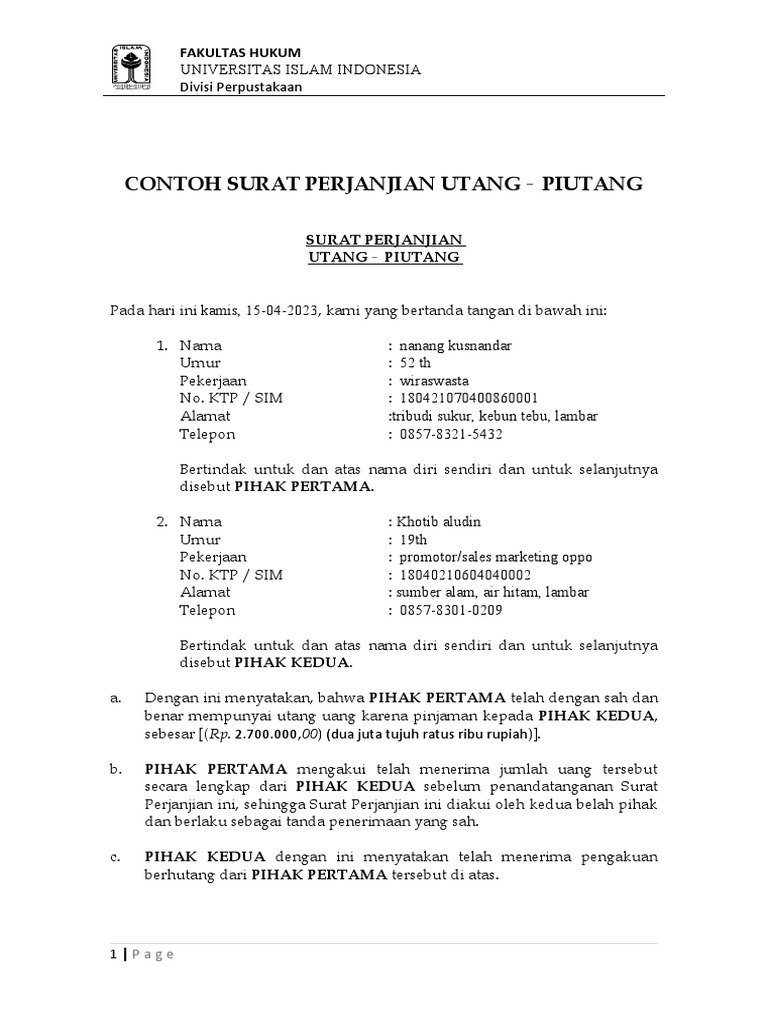 Contoh Surat Perjanjian Utang Piutang FH UII | PDF | Hukum