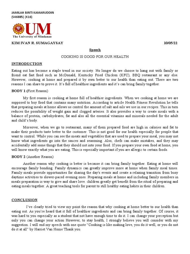 Persuasive Speech Topic COOKING IS GOOD | PDF