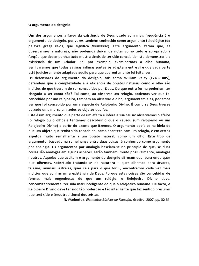 O Argumento Do Desígnio: N. Warburton, Elementos Básicos de Filosofia, Gradiva, 2007, Pp. 32-34 ...