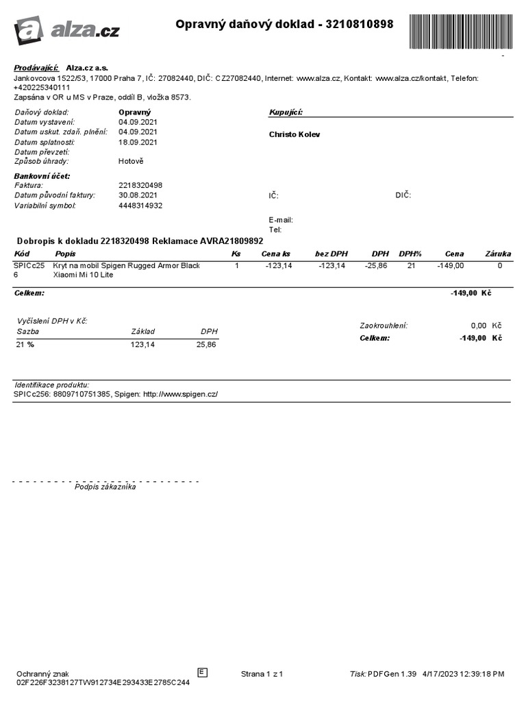 Opravný Daňový Doklad - 3210810898: Alza - CZ A.S | PDF