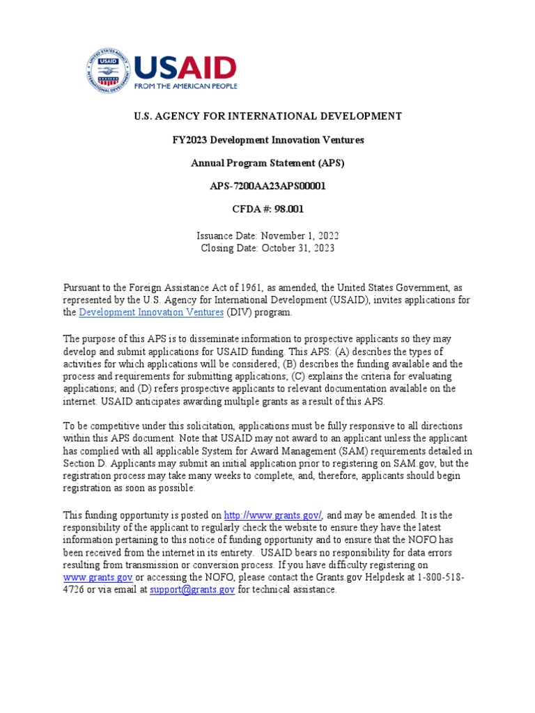 FY2023 Development Innovation Ventures Annual Program Statement (APS ...