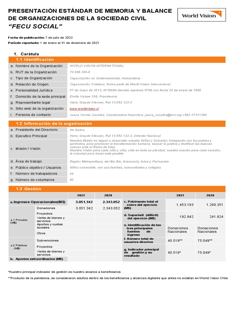 Memoria y Balance FECU Social 2021 | PDF | Infancia | Economias