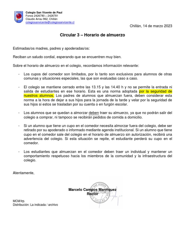 Circular 3 Horario De Almuerzo Pdf