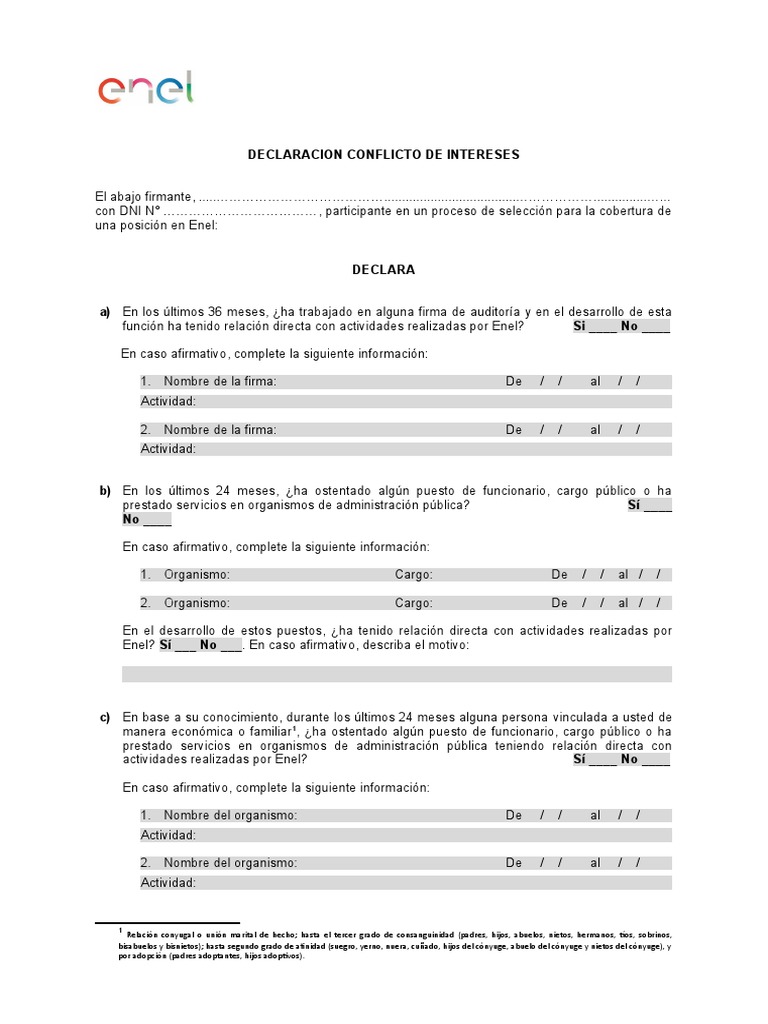 Declaración De Conflicto De Intereses Enel Pdf