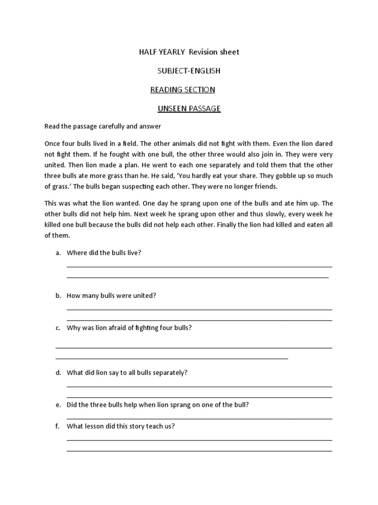 English Revision Sheet: Reading & Grammar | PDF
