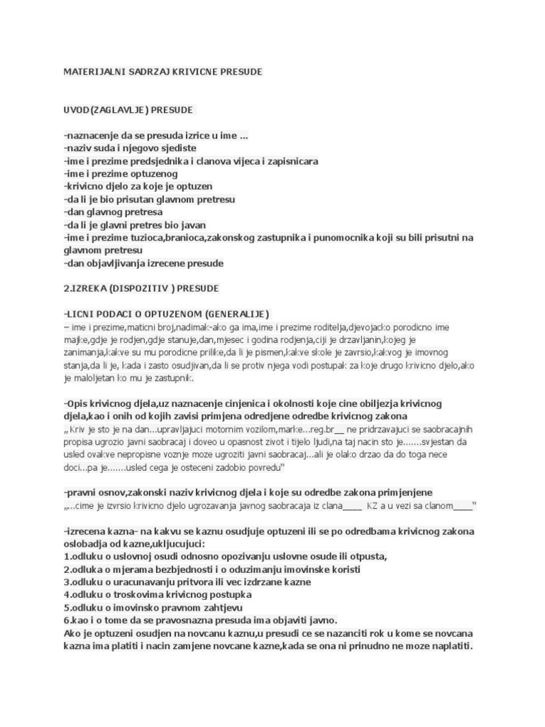 Materijalni Sadrzaj Krivicne Presude | PDF