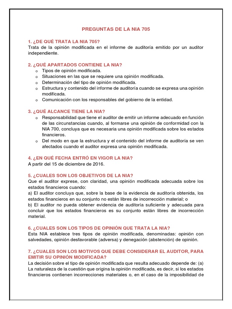 Cuestionario NIA 705 | PDF | Auditoría | Contralor