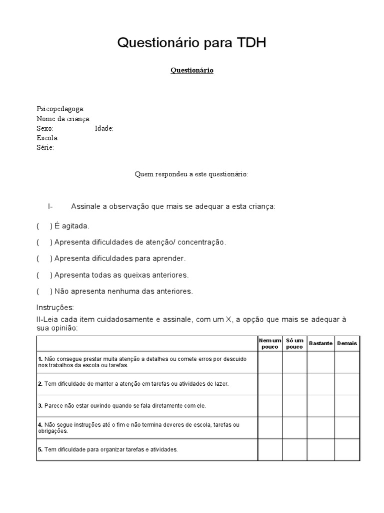 Questionário para TDAH | PDF