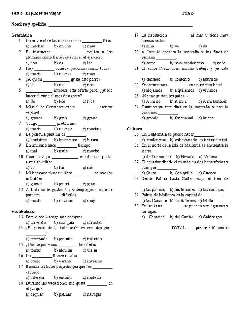 Ejercicio de Gramática y Vocabulario sobre Viajes | PDF