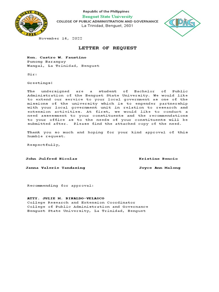 Letter of Request: Benguet State University | PDF