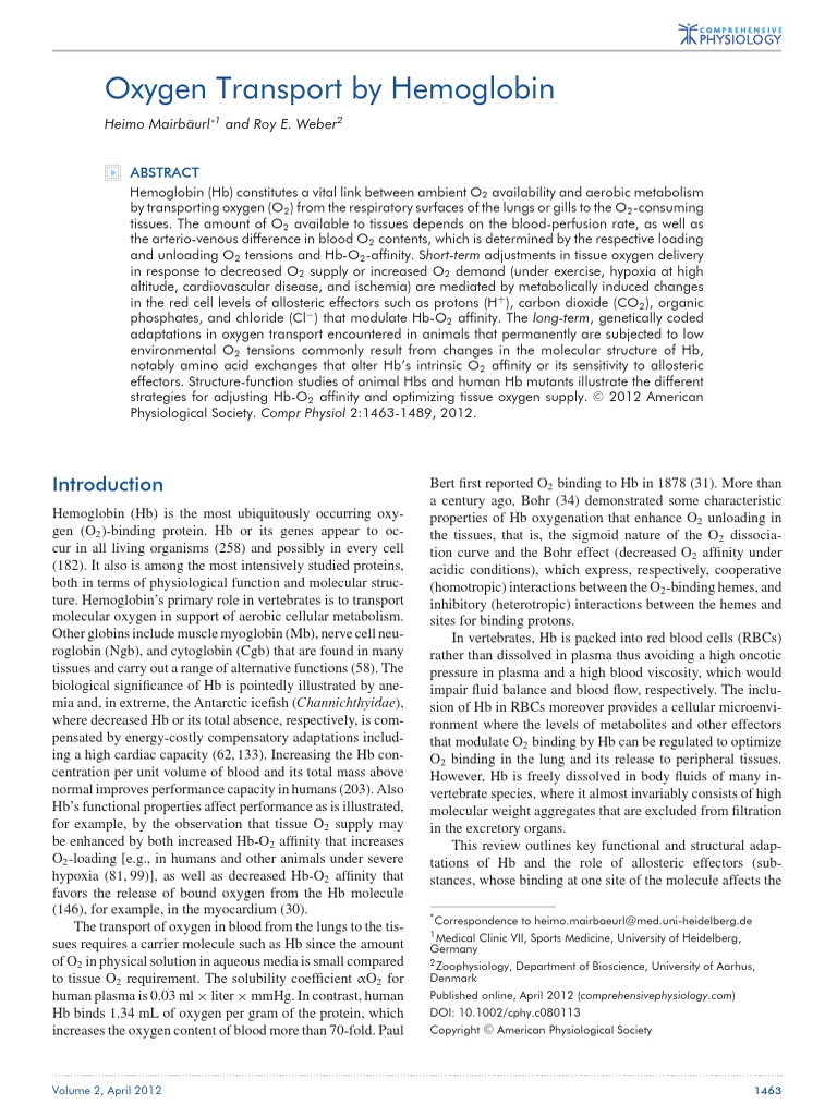 Oxygen Transport by Hemoglobin | PDF | Hemoglobin | Blood
