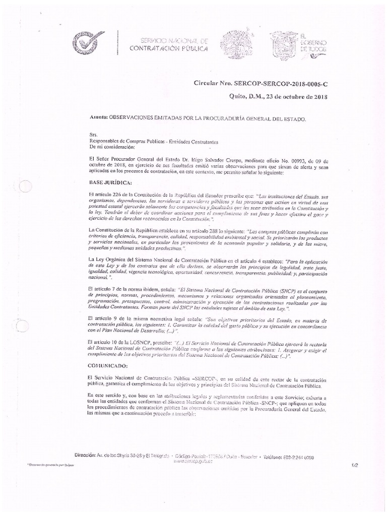 Sercop-Sercop-2018-0005-C (Disposiciones) | PDF