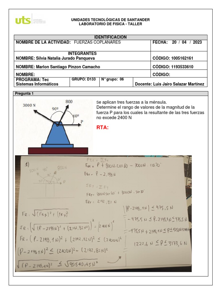 Taller Fuerzas Coplanares - Taller 2do Corte | PDF