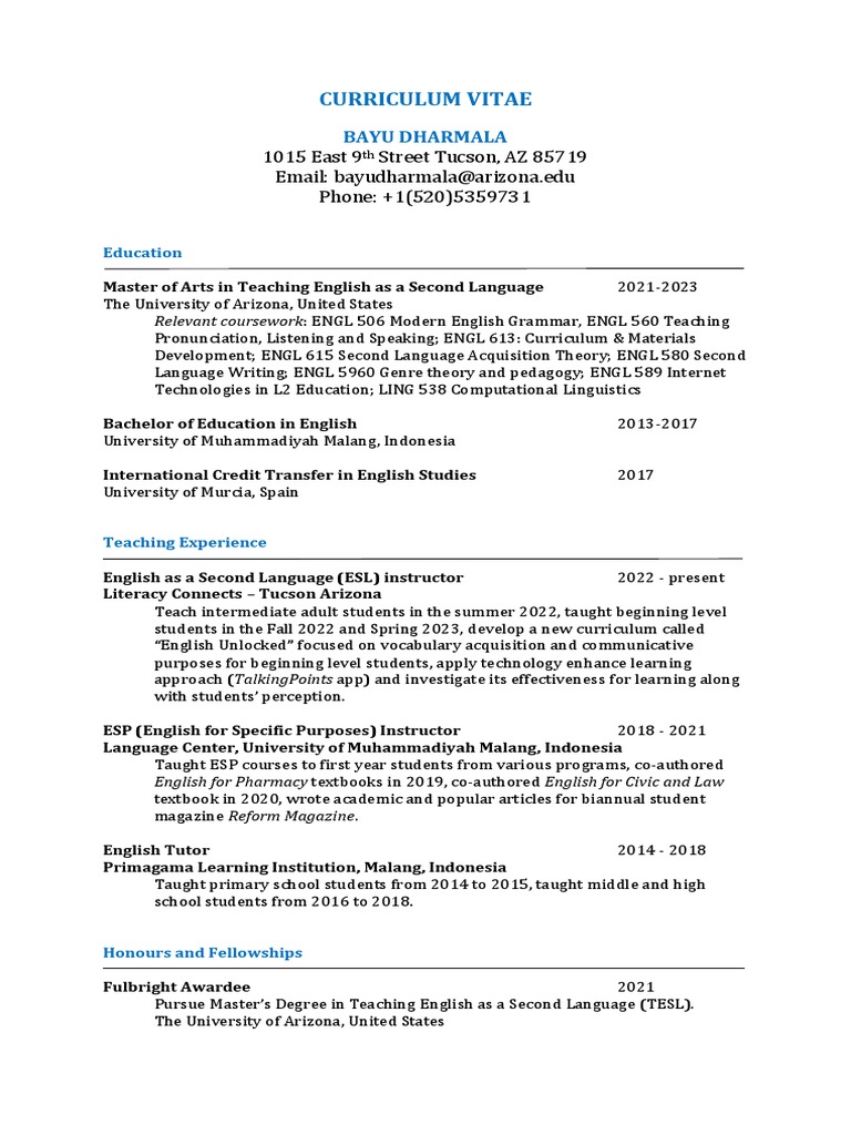 Bayu Dharmala CV New | PDF | English As A Second Or Foreign Language | Second Language Acquisition