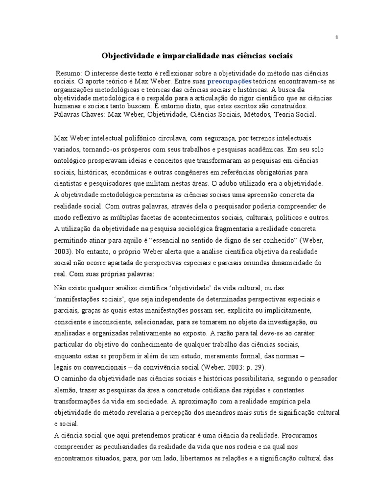 Objectividade e Imparcialidade Nas Ciências Sociais | PDF | Sociologia ...