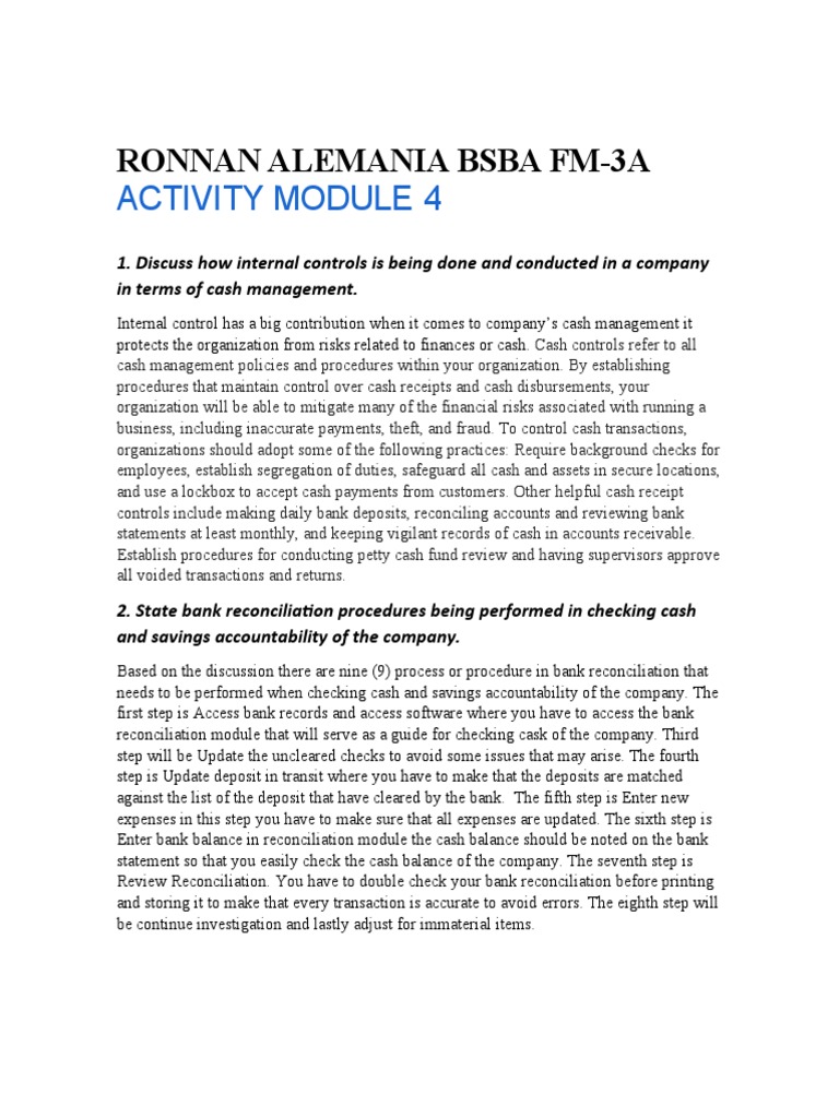 Ronnan Alemania Bsba Fm-3A: Activity Module 4 | PDF | Banks | Cheque