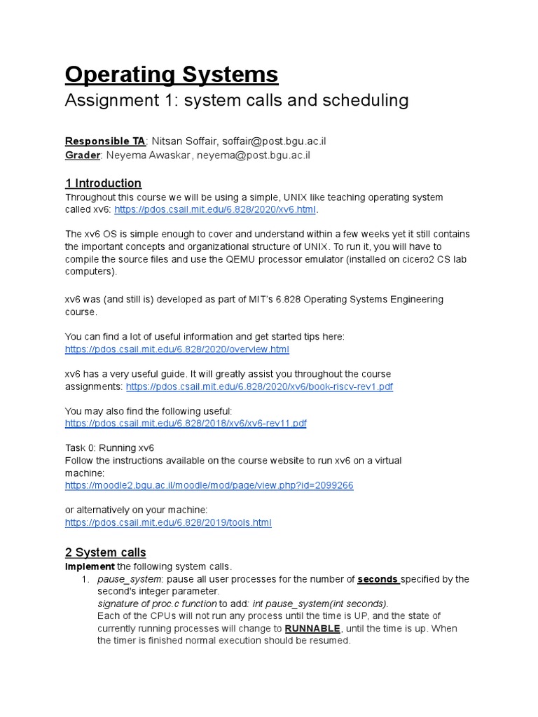 Operating Systems: Assignment 1: System Calls and Scheduling | PDF ...