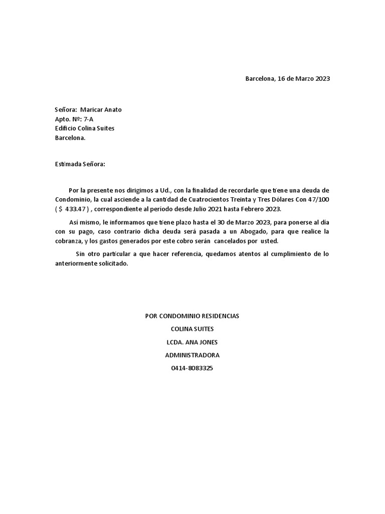 Carta Morosos Condominio Edf. Colina Suites Apto. 7-A Maricar Anato | PDF