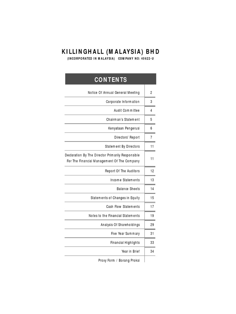 Killinghall (Malaysia) BHD: (Incorporated in Malaysia) Company No: 40622-U | PDF | Audit ...