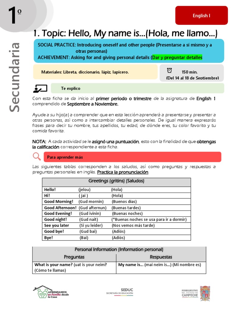 Topic: Hello, My Name Is (Hola, Me Llamo ) | PDF