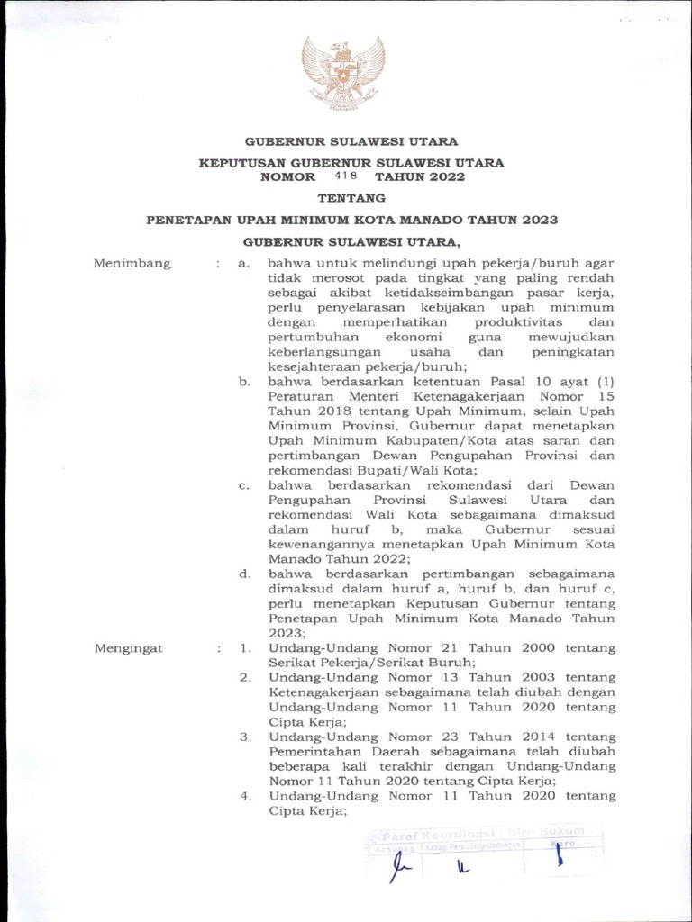 SK Gubernur Sulut No. 418 Tahun 2022 Tentang Penetapan Upah Minimum Kota Manado Tahun 2023. 2022 ...