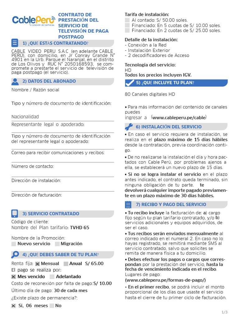 DISEÑO Contrato Servicio TV 65M HD | PDF | Televisión por cable | Perú
