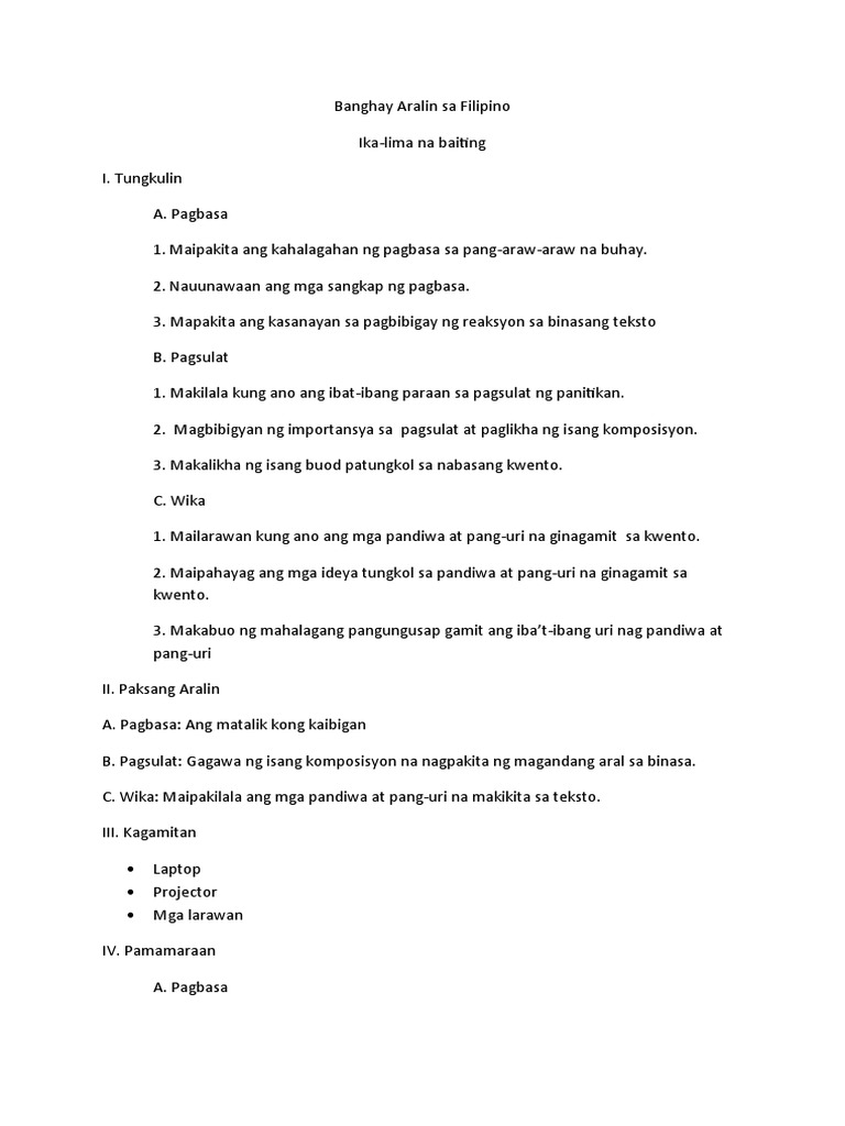 Banghay Aralin Sa Filipino Maikling Kwento | PDF