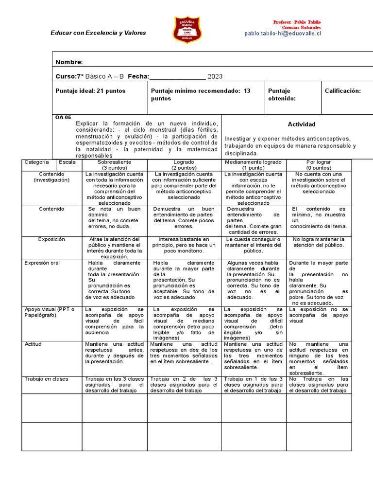 Rubrica Sumativa 7°A-B Métodos Anticonceptivos | PDF