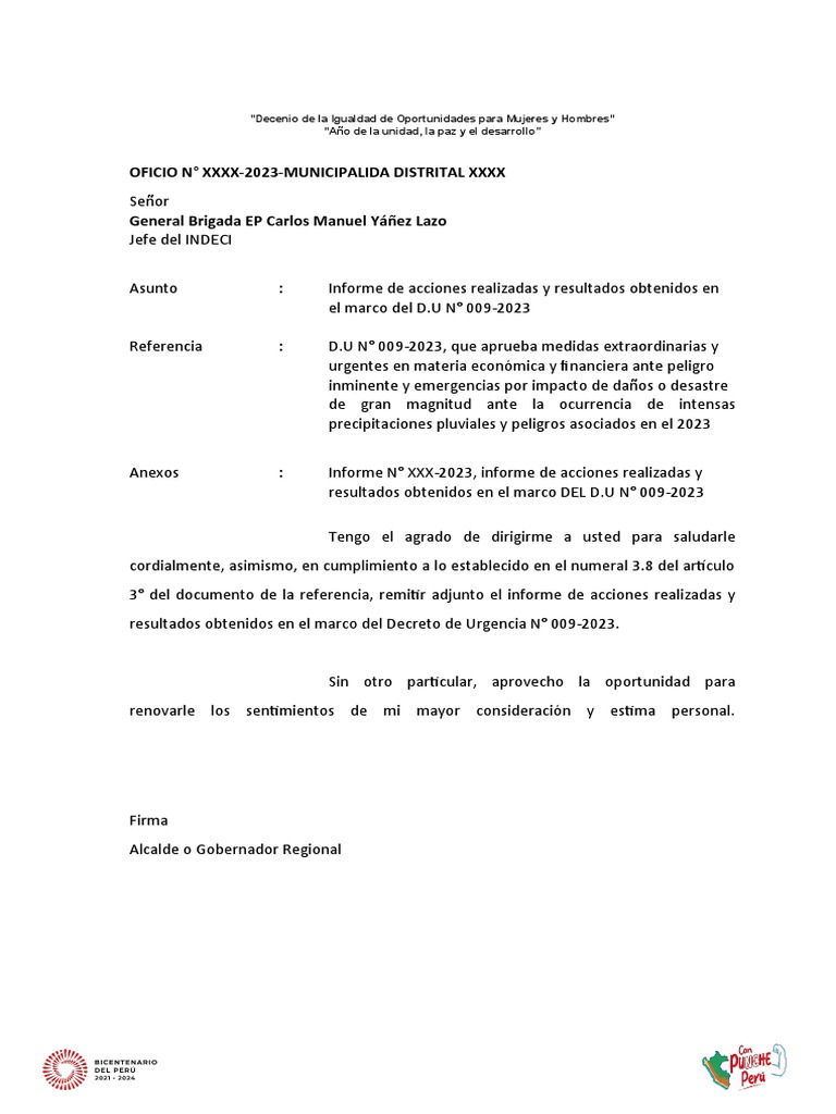 Oficio #Xxxx-2023-Municipalida Distrital XXXX General Brigada EP Carlos Manuel Yáñez Lazo | PDF ...