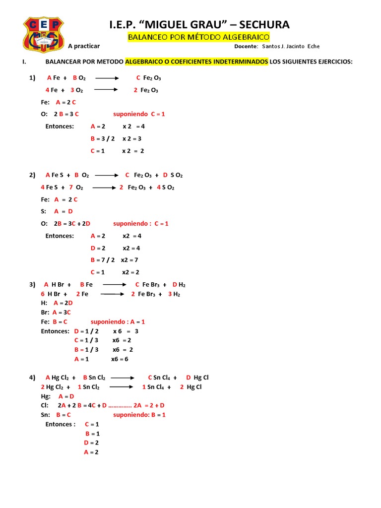 BALANCEO POR METODO ALGEBRAICO 5to | PDF