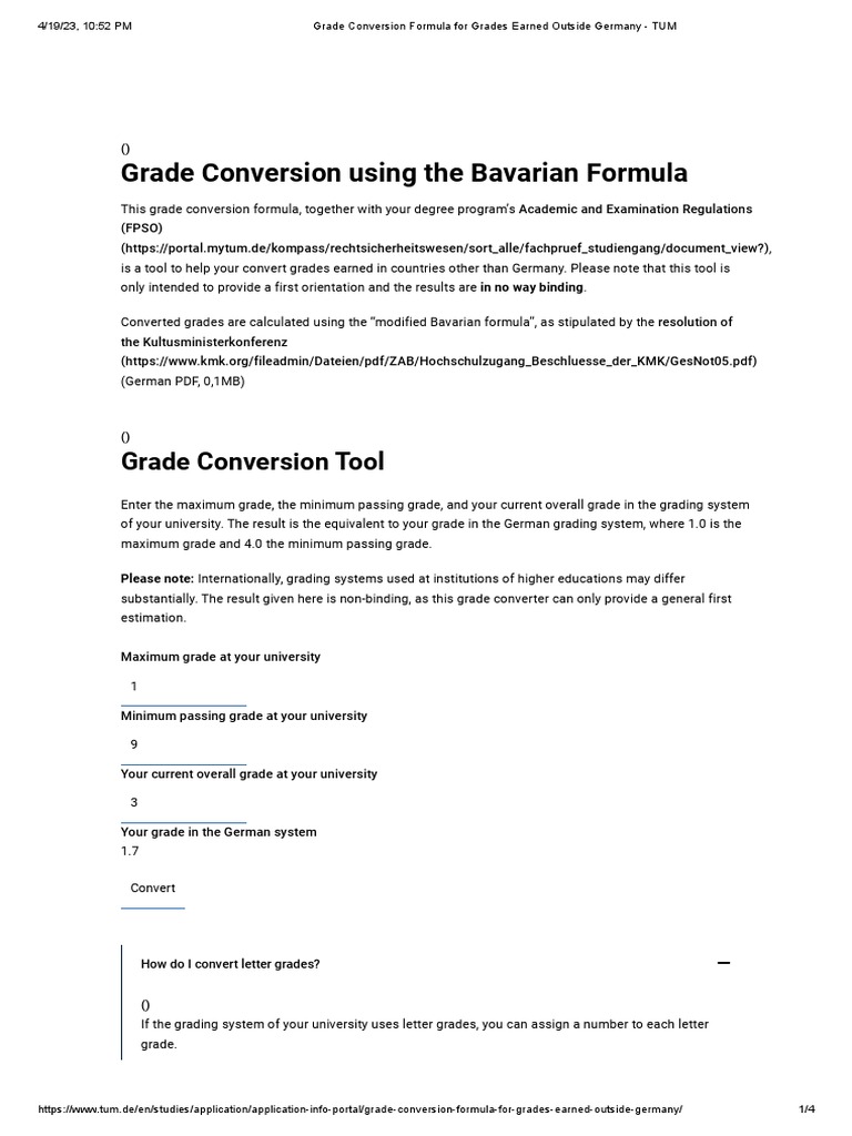 Grade Conversion Formula For Grades Earned Outside Germany - TUM | PDF