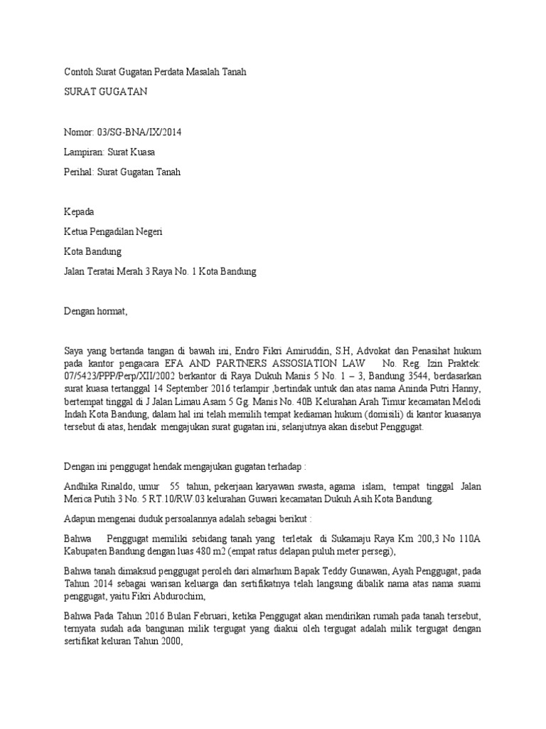 Contoh Surat Gugatan Perdata Masalah Tanah | PDF