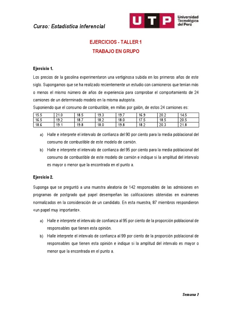 S02. Ejercicios - Taller 1 Trabajo en Grupo | PDF | Intervalo de confianza | Econometría