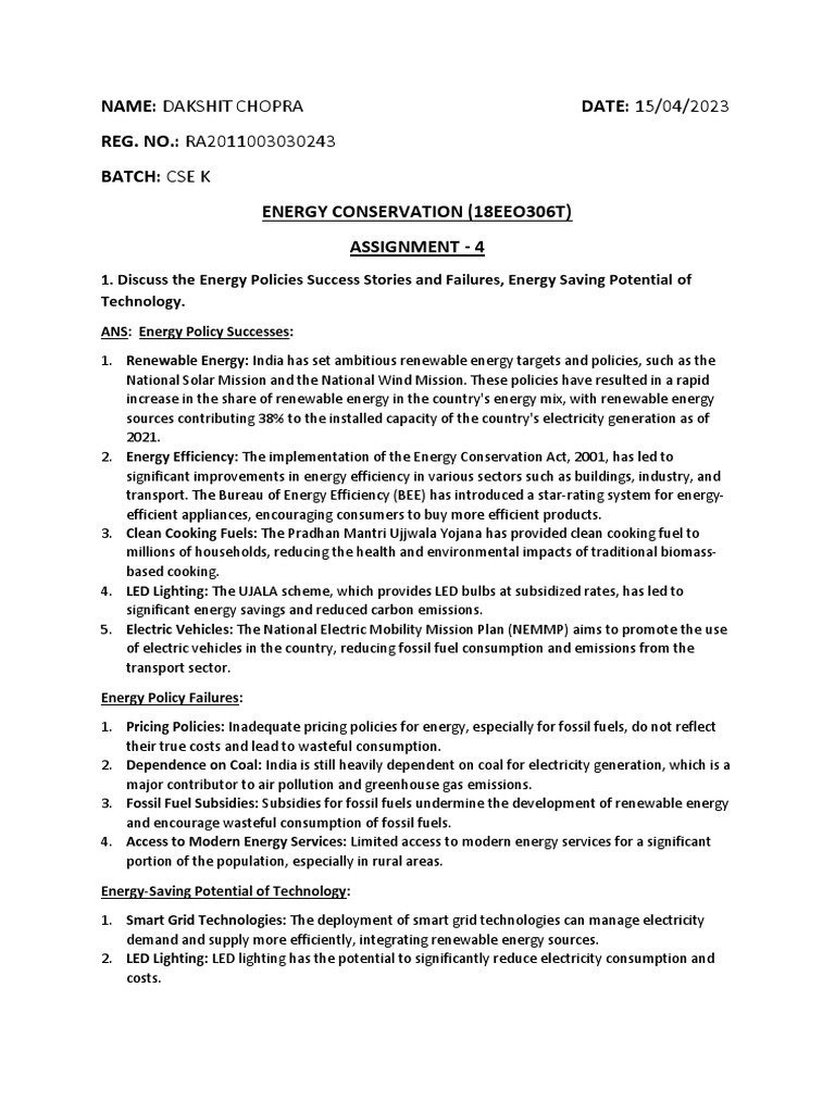 Assignment-4 Energyconser | PDF | Renewable Energy | Energy Conservation