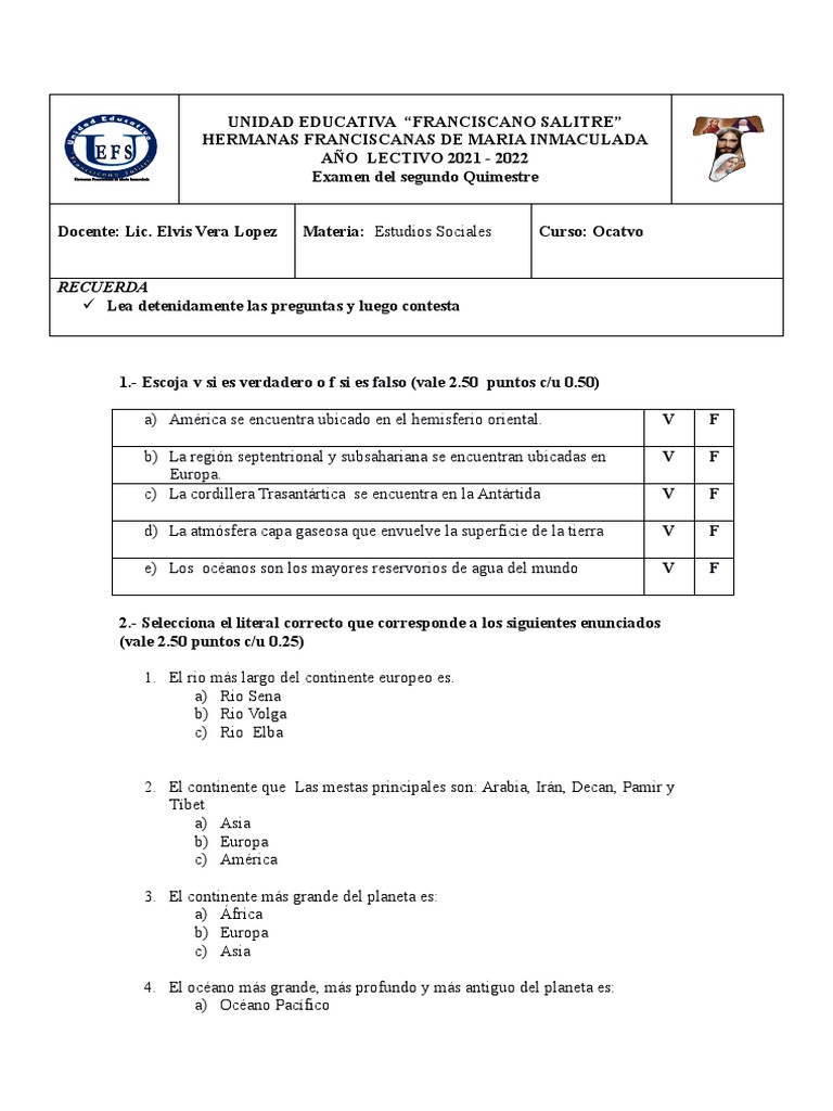 Examen Octavo 2 | PDF | Asia | Océanos