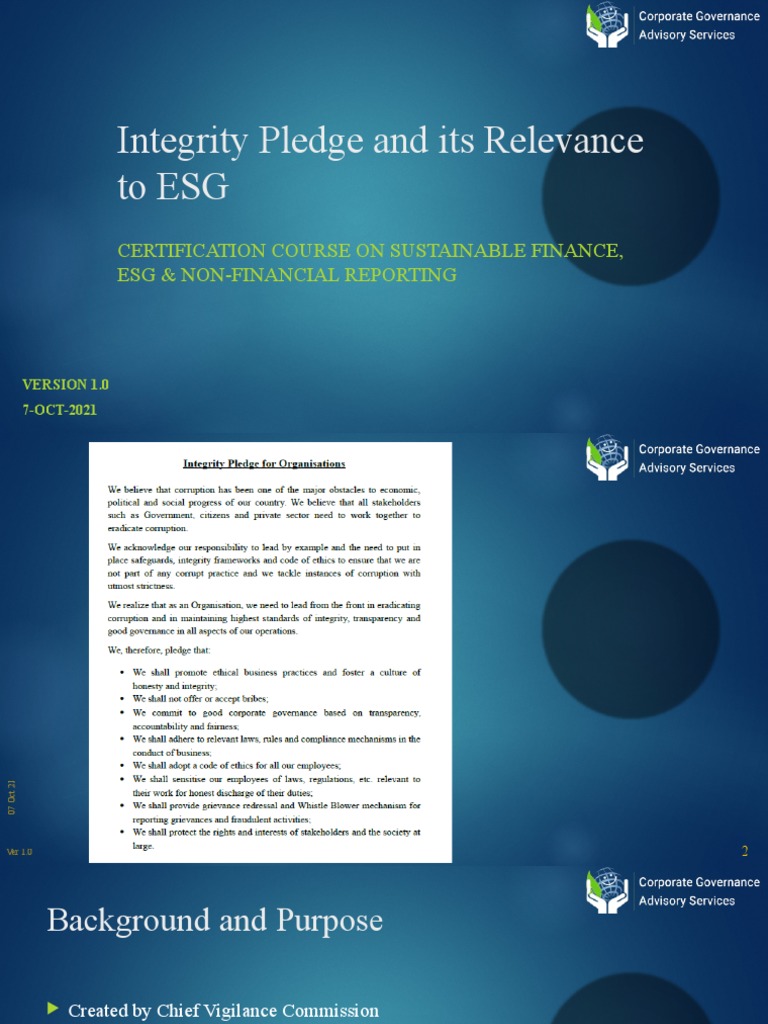 Integrity Pledge and Its Relevance To ESG | PDF | Governance | Corruption