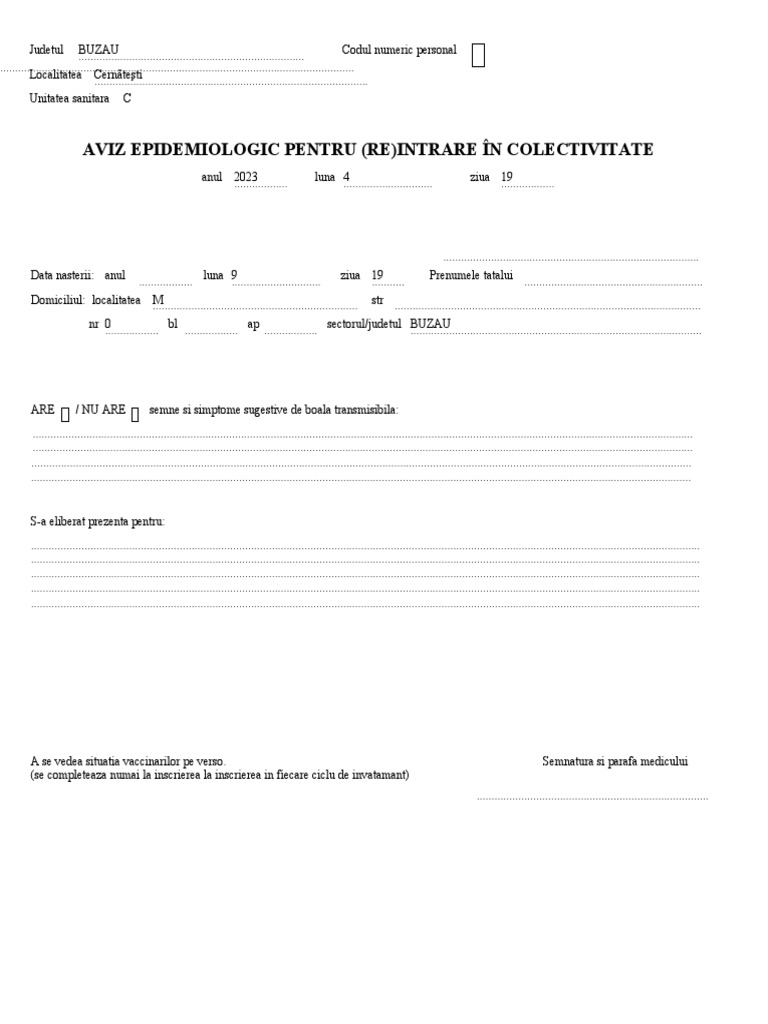 Aviz Epidemiologic Pentru (Re) Intrare În Colectivitate | PDF