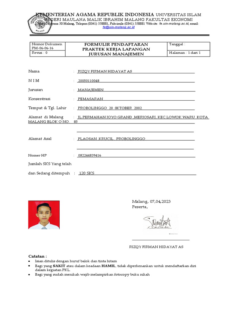 Formulir PKL Rizqy Firman Hidayat As | PDF