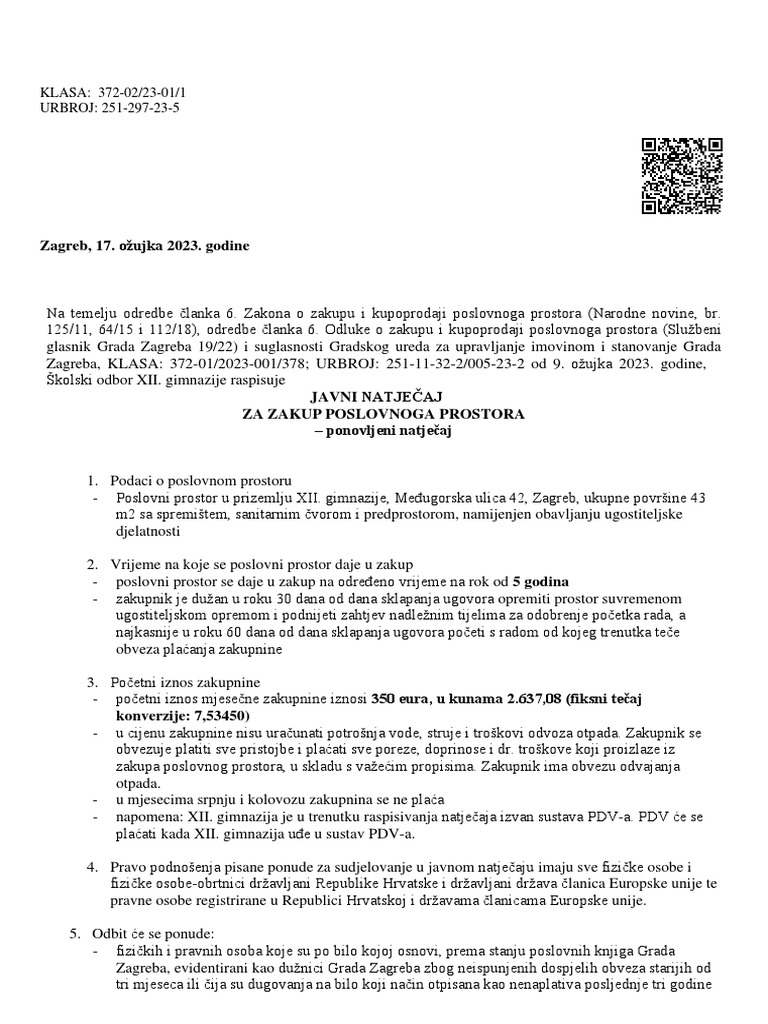 Zagreb, 17. Ožujka 2023. Godine: KLASA: 372-02/23-01/1 URBROJ: 251-297-23-5 | PDF
