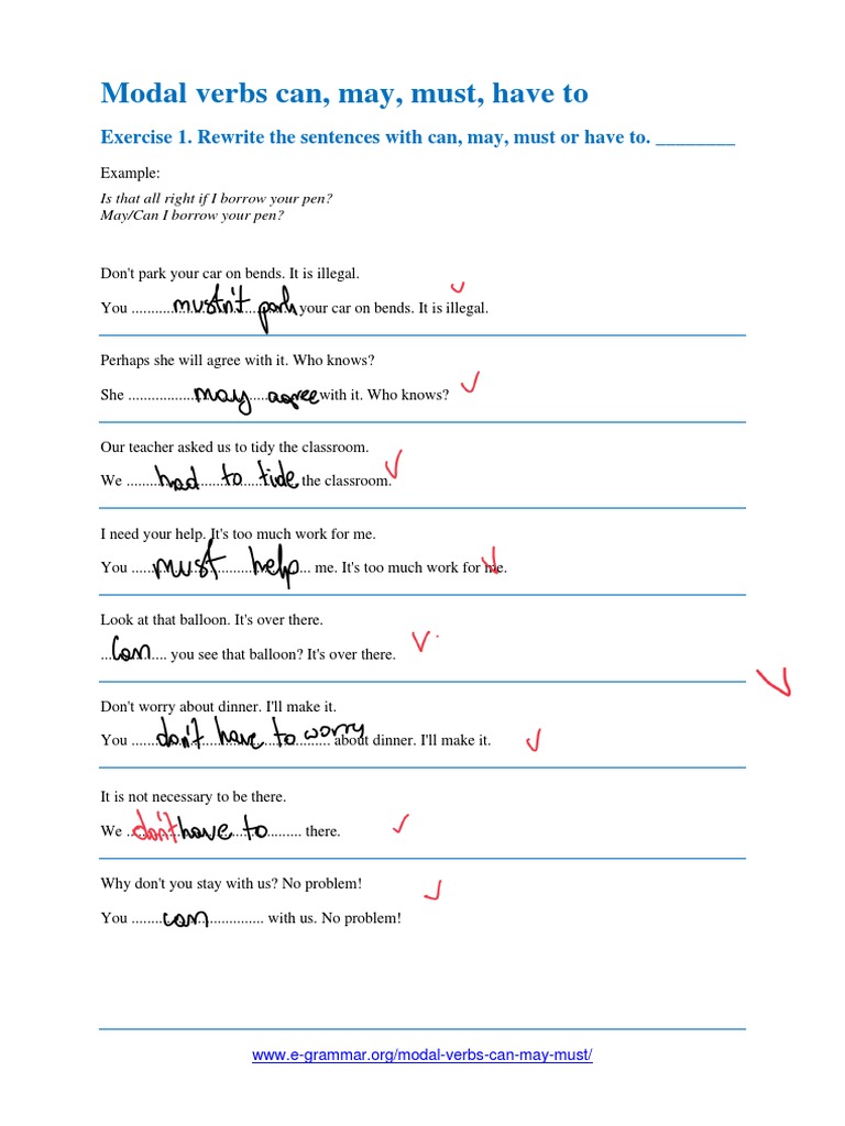 Exercise 1. Rewrite The Sentences With Can, May, Must or Have To. | PDF ...