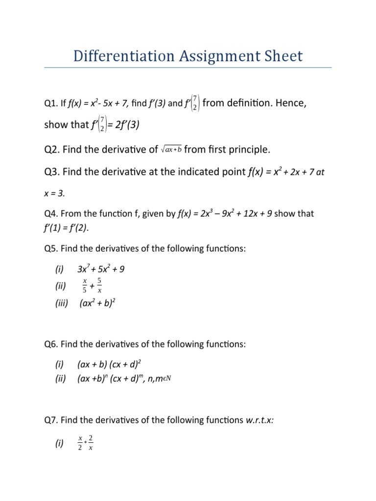 Differentiation Assignment Sheet | PDF | Calculus | Subtraction