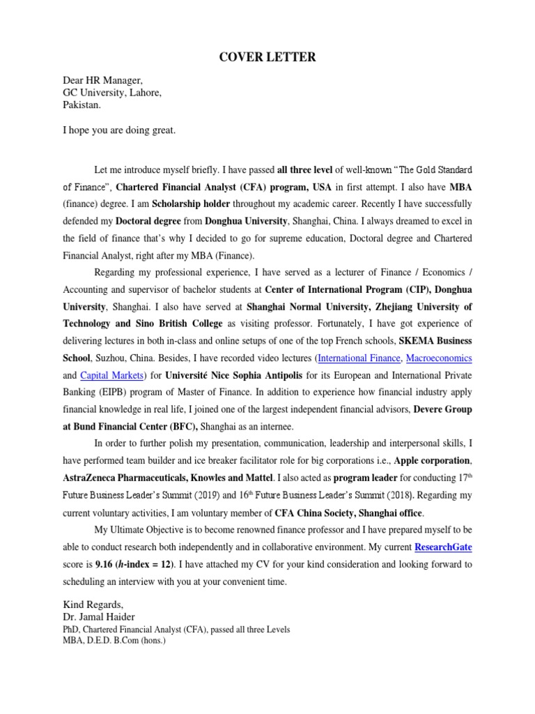 Cover Letter - Dr. Jamal-PhD, CFA, MBA, DED, B.Com (Hons) | PDF ...