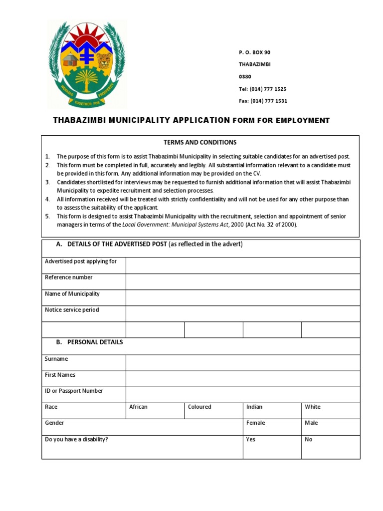 Thabazimbi Municipality Application: Form For Employment | PDF ...